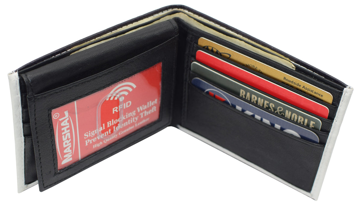 RFID Blocking Genuine Leather Printed Theme Bifold Wallets with Gift b ...