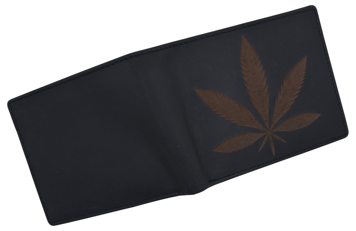 Genuine Leather RFID Bifold Mens Marijuana Leaf Logo Wallet /53HTC Mar ...