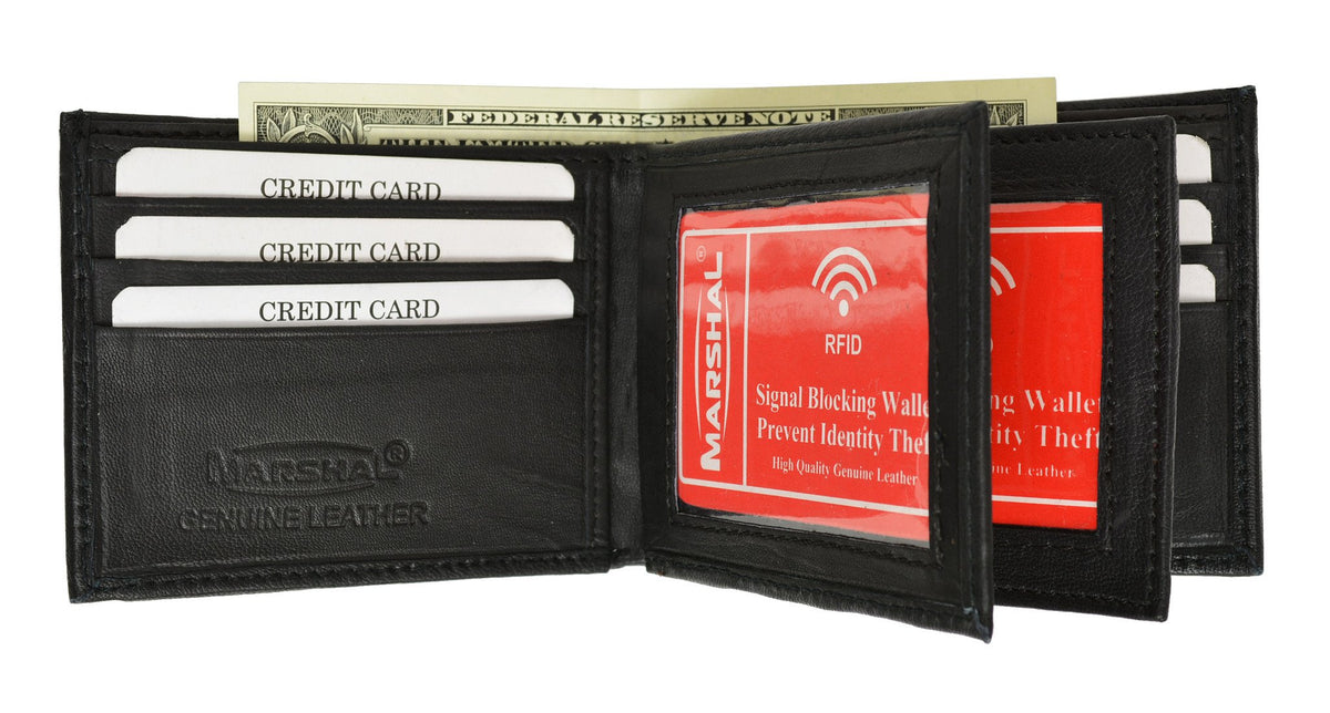 Marshal RFID Leather Mens Wallet Black Bifold Fixed Flip 3 Window ID R ...