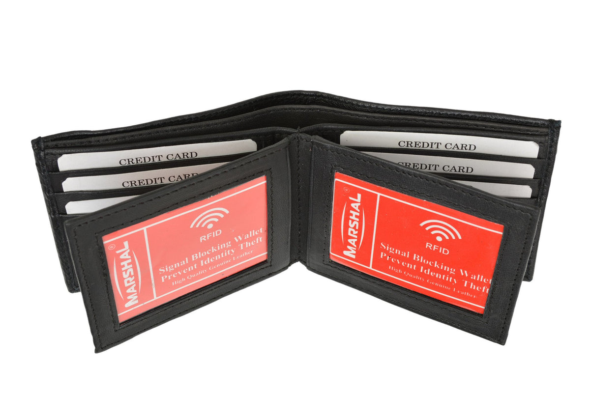 Marshal RFID Leather Mens Wallet Black Bifold Fixed Flip 3 Window ID R ...